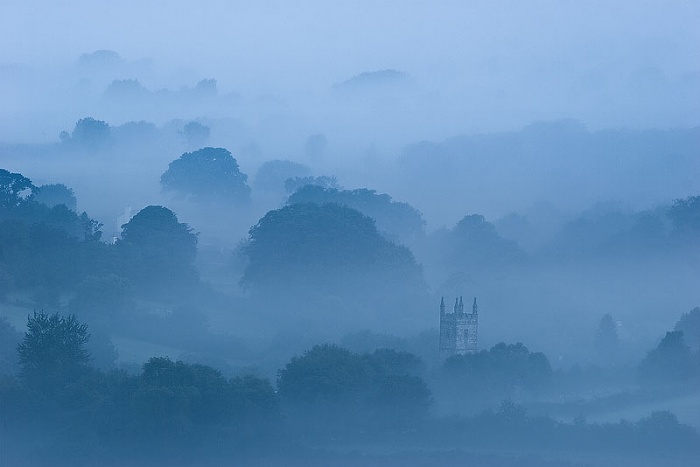 Mary Tavy Church in the mist | Mary Tavy Church from Smeardon Down